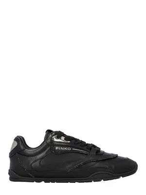 Pinko Yulia Low Top Leather Sneakers With Printed Logo And Padded Ankle - Black