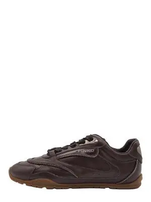 Pinko Yulia Low Top Leather Sneakers With Printed Logo And Padded Ankle - Dark