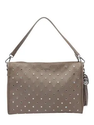 LA CARRIE Embroidered Polyester Shoulder Bag With Logo Charm - Beige