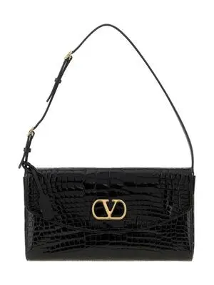 Valentino Garavani Devain Alligator Leather Shoulder Bag With Vlogo Signature - Black