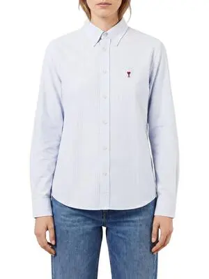 AMI Paris Slim Fit Striped Cotton Shirt With Button-down Collar And Logo - Sky