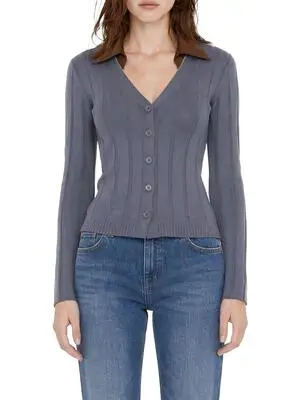 Patrizia Pepe Slim Fit Ribbed Cotton Blend V-neck Cardigan - Grey