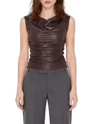 Patrizia Pepe Sleeveless Faux Leather Top With Draped Neckline Brown
