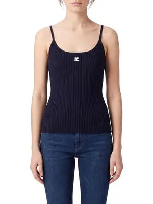 COURREGES Ribbed Jersey Slim Fit Top With Contrasting Embroidered Logo Blue