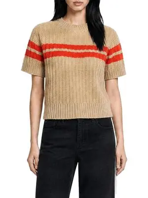 Patrizia Pepe Striped Short-sleeved Wool Blend Jumper With Crew Neck - Beige