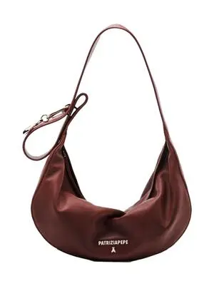 Patrizia Pepe Calfskin Leather Shoulder Bag With Metal Logo Detail Brown