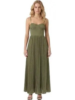 MODENAIRE Pleated Bustier Maxi Dress With Adjustable Straps And Smocked Back - Green