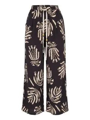 MODENAIRE Botanical Print Wide Leg Pants With Drawstring Waist And Side Pockets - Black