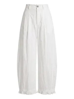 MODENAIRE High Waist Wide Leg Pants With Pleats And Ruffle Trim Hems - White