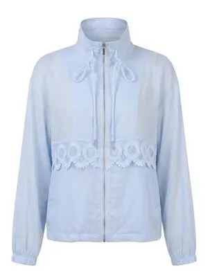 MODENAIRE Lace Inset Zip Front Jacket With Drawstring Collar And Elastic Trim - Blue