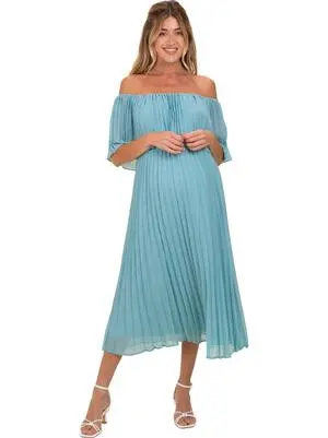 PINKBLUSH Pleated Off Shoulder Flounce Midi Dress - Blue