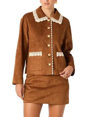 Astr The Label Gavriella Lace Trim Faux Suede Jacket - Camel