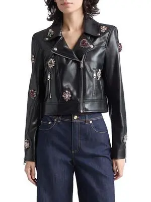 Cinq À Sept Genevieve Baroque Patches Faux Leather Moto Jacket - Black Multi