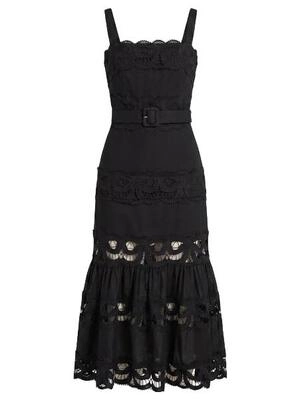 MODENAIRE Belted Lace Inset Midi Dress With Square Neck And Tie Skirt - Black