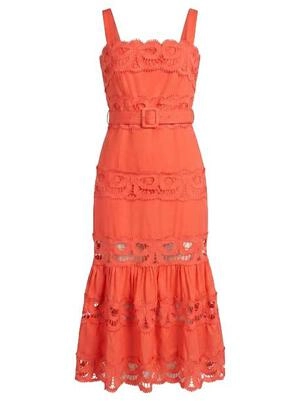 MODENAIRE Belted Lace Inset Midi Dress With Square Neck And Tie Skirt - Red