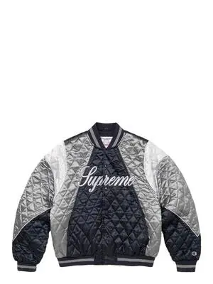 Supreme X Champion Fw26 Quilted Satin Varsity Jacket - Navy