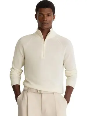 REISS Tristan Textured-knit Funnel-neck Half-zip Jumper With Wool - White
