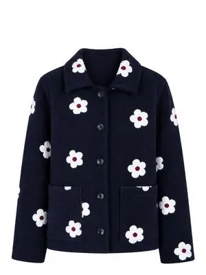 YUMI Navy Embroidered Daisy Fleece Jacket - Blue