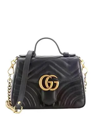 Gucci Gg Marmont Top Handle Flap Bag Matelasse Leather Mini Satchel - Black
