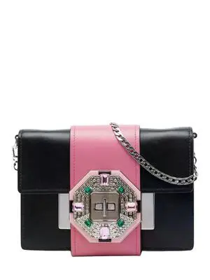 Prada 2010-2026 City Calf Crystal Embellished Ribbon Bag Crossbody Bag - Black
