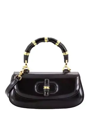 Gucci Bamboo Diva Top Handle Bag Polished Leather Medium Satchel Black