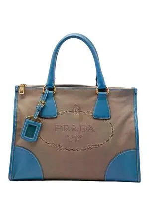 Prada 2013-2026 Saffiano Trimmed Canvas Canapa Logo Double Zip Satchel - Brown