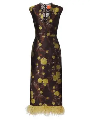 La DoubleJ Devon Feather-trimmed Jacquard Midi Dress - Multicoloured