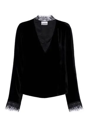 GANNI Lace-trimmed Velvet Top - Black