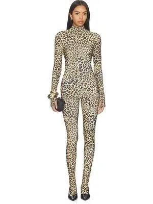 Norma Kamali Long Sleeve Slim Fit Turtle Catsuit With Footie In Multi - Cheetah Patch