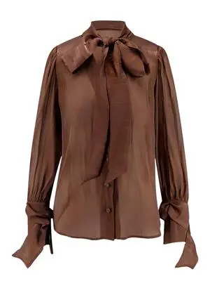 ACTUALEE Satin Shirt With Padded Shoulders - Brown