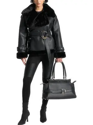 Manière De Voir Charlene Leather And Plush Wrap Belted Jacket - Black