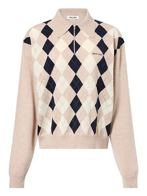 Miu Miu Argyle Long-sleeve Cashmere Polo Top - Beige