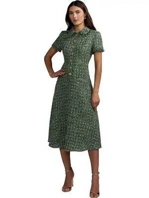 MAC DUGGAL Green Boucle Short Sleeve Button Up Midi Dress