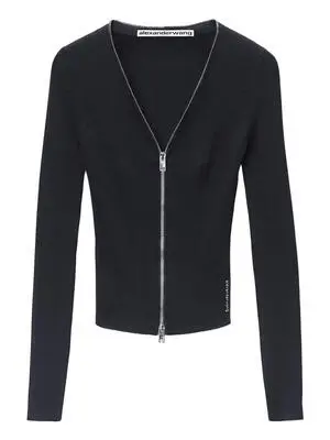 Alexander Wang V-neck Long Sleeve Pointelle Zip Cardigan - Black