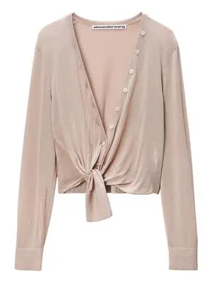 Alexander Wang Crystal Hotfix Knotted Deep V-neck Cardigan - Nude