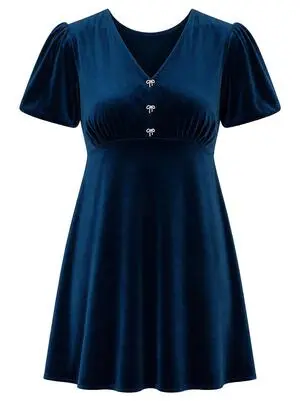 YUMI Navy Velvet Skater Dress With Dimante Bow Detail - Blue