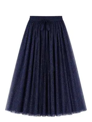 YUMI Navy Diamonte Tulle Midi Skirt - Blue