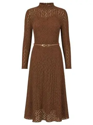 YUMI High Neck Lace Midi Dress - Brown