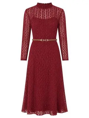 YUMI Burgundy High Neck Lace Midi Dress - Red
