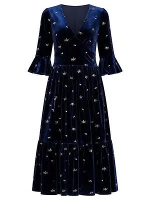 YUMI Blue Yumi Navy Velvet Embroidered Midi Dress Blue
