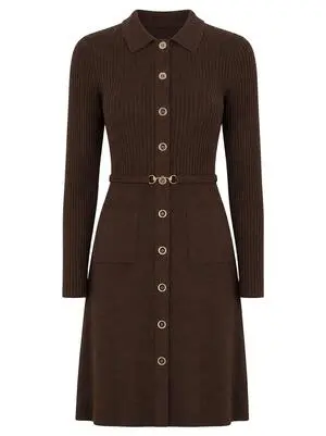 YUMI Yumi Brown Rib Knit Midi Shirt Dress With Snaffle Belt