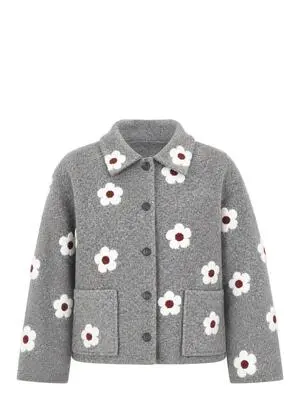 YUMI Embroidered Daisy Fleece Jacket - Grey