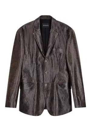 Emporio Armani Blazer In Shiny Drummed Leather With Logo Buttons - Brown