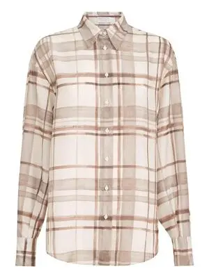 BRUNELLO CUCINELLI Silk Pongée Shirt In Macrocheck Print