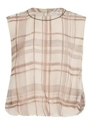 Brunello Cucinelli Macrocheck-print Organza Blouse Light Yellow