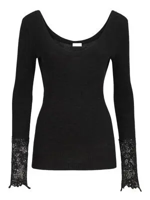 Brunello Cucinelli Ribbed Wool Jersey Sweater With Dazzling Lace Embroidery Cuffs - Anthracite