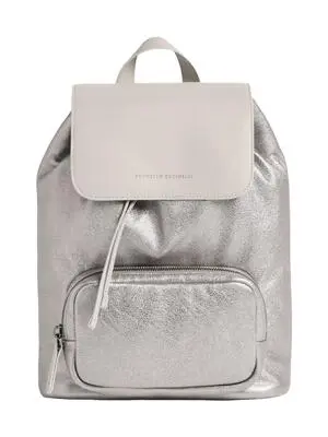 Brunello Cucinelli Lamé Calfskin And Grained Leather Backpack - Silver