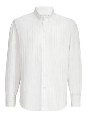 Brunello Cucinelli Cotton Textured Striped Chevron Shirt With Button-down Collar - White