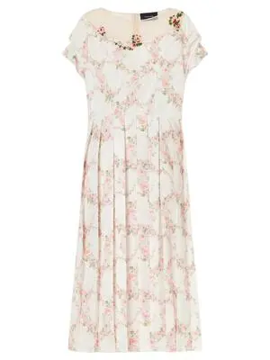 Simone Rocha Bead-embellished Pleated Floral-printed Taffeta Midi Dress - Multi
