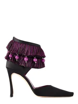 Manolo Blahnik Sorolla 105 Fringed Bead-embellished Satin Pumps - Black